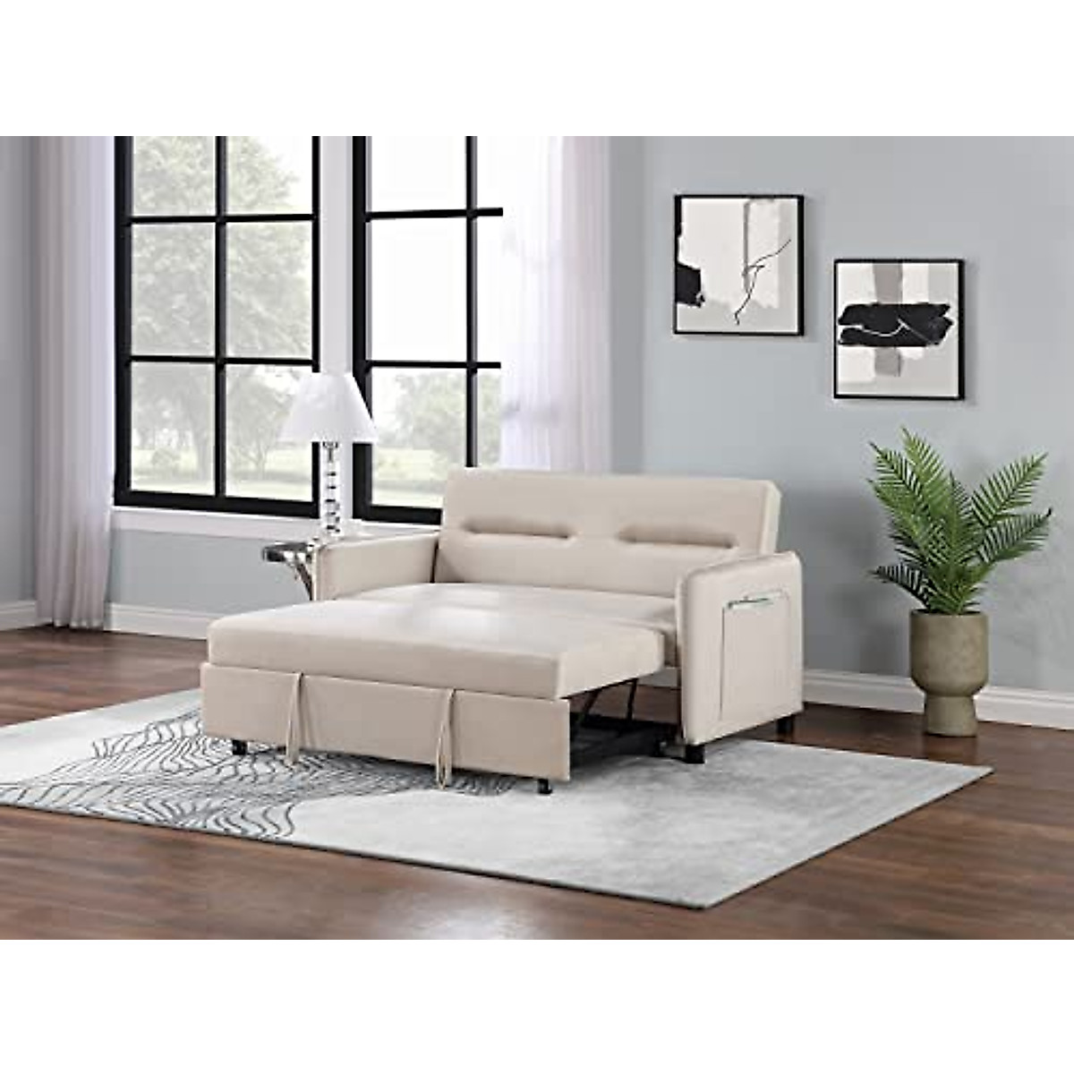 Caroun 57" Pull Out Sleep Sofa Bed Sofa Sleeper 2-in-1 Adjustable Sleeper with Premium Twin Size Mattress Pad Sleeper Sofa Bed Suitable for Livingroom Bedroom Beige(Beige G)