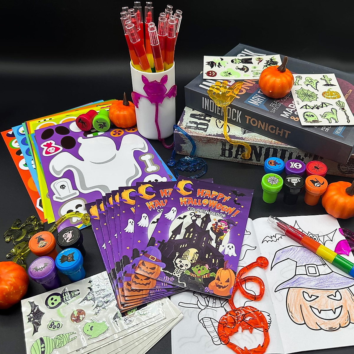 Cinrobiye 72 Pcs Halloween Party Favors，Halloween Coloring Books Tattoo DIY Sticker Stampers Bulk Trick or Treat Goodie Bags Fillers Stuffer Classroom Reward Activity Supplies