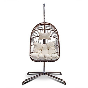 Egg Chair with Cover Indoor Hanging Swing Chair with Stand Rattan Wicker Patio Swing Chair 300 lbs Hanging Chair Outdoor Egg Chair with Stand for Kids Teens Adults (Brown)