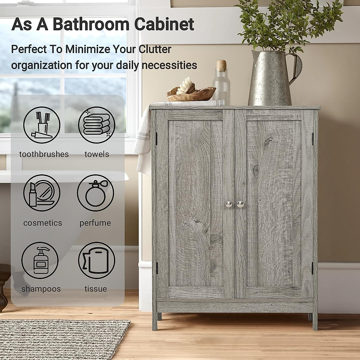 Iwell Storage Cabinet, Floor Storage Cabinet with 2 Adjustable Shelves & 2 Doors, Wooden Shoe Cabinet for Entryway, Office, Living Room, Gray