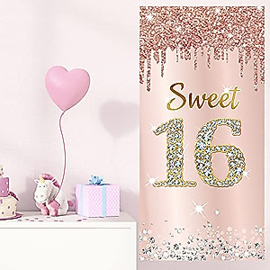 Sweet 16 Birthday Door Banner Backdrop Decorations for Girls, Pink Rose Gold Happy 16th Birthday Party Door Cover Sign Supplies, Sixteen Year Old Birthday Poster Photo Booth Props Decor