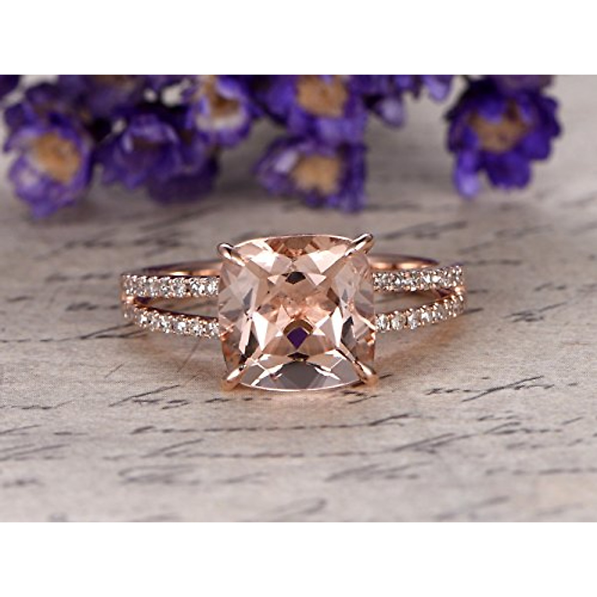 Pink Morganite Engagement Ring,8mm Cushion Cut Stone,Solid 14K Rose Gold,Split Shank Band