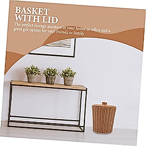 Yardwe 2pcs storage bucket with lid wicker storage basket seagrass plant pot paper waste basket woven flower pots small trash can wicker basket with lid rattan outdoor Iron office Toy