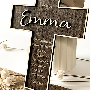 Personalized Engraved Wood Cross, Christian Wooden Cross for Baptism, Holy Communion, Confirmation or Newborn Gift Keepsake with Custom Name and Date with Message (Walnut)