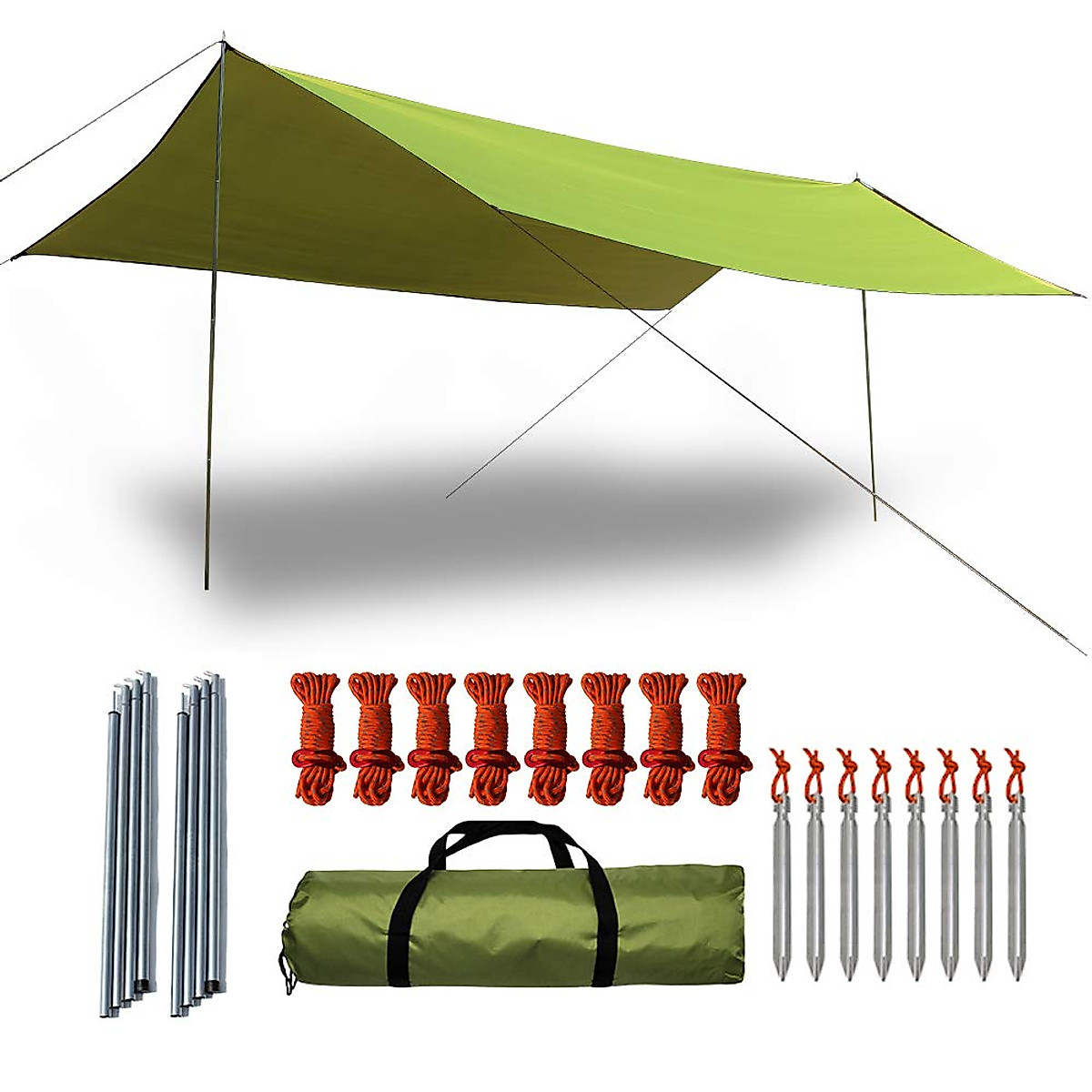 Acenilen 6-8 Person Camping Tent Tarps, UV Protection 50+ Waterproof Tarp with Poles, Beach Sunshade Hammock Rain Fly Sun Shelters Patio Awning Lawn & Garden Canopy, Camping & Hiking Equipment -Green
