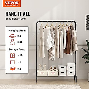 VEVOR Clothes Rack with Wheels, Heavy Duty Clothing Garment Rack with Hanging Rod and Bottom Storage Area, Adjustable Length Clothing Rack, 2 Lockable Wheels
