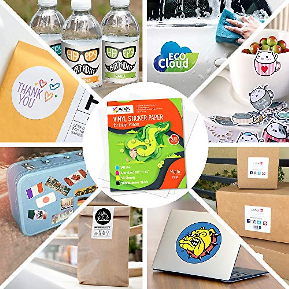 Printable Vinyl Sticker Paper - Waterproof Decal Paper for Inkjet Printer - 50 Self-Adhesive Sheets - Matte White - Standard Letter Size 8.5"x11"