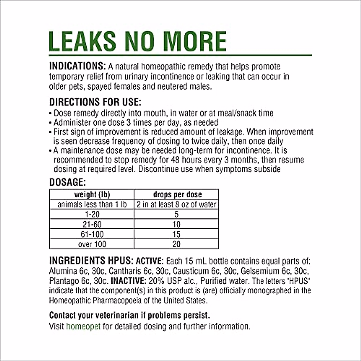 HomeoPet Leaks No More, Urinary Incontinence Relief for Pets, 15 Milliliters