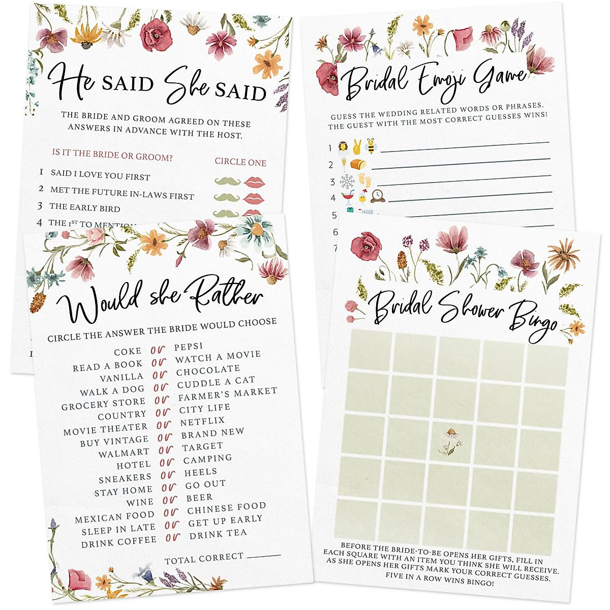 Printed Party Bridal Shower Game Set – 4 Fun Games and Activities for 30 Guests, Includes Bingo, Emoji Guessing, and Bride & Groom Trivia, Love In Bloom Wildflower Design