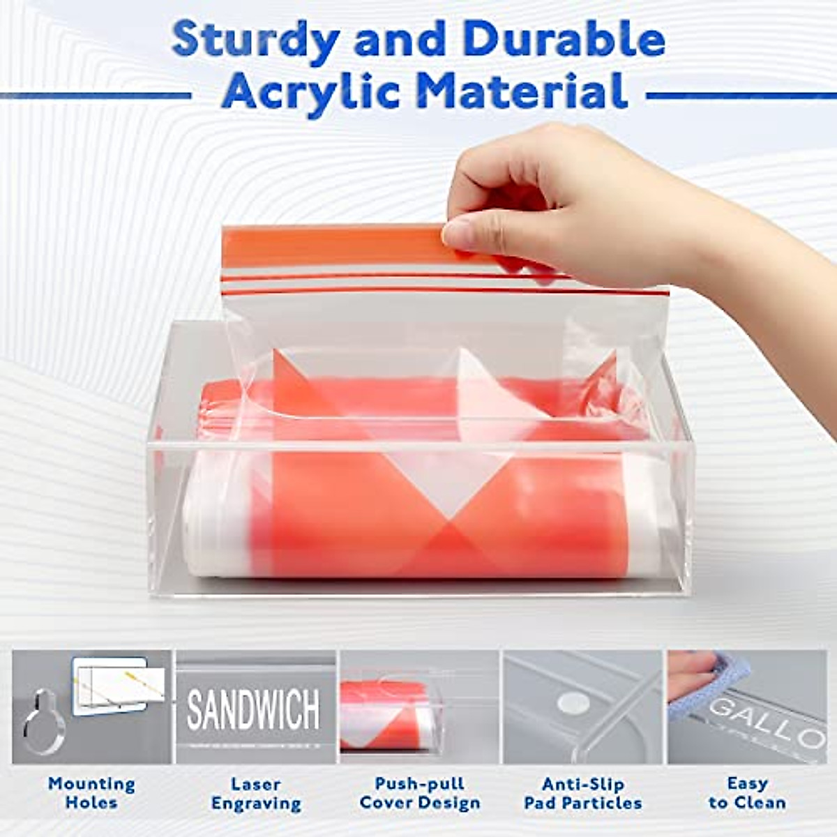 Ziplock Food Bag Storage Organizer, Acrylic Drawer Baggie Organizer Plastic Bag Dispenser Holder for Gallon Slider Quart Freezer Sandwich Snack, for Ziploc Solimo Glad Bags - 5 Pack, Clear
