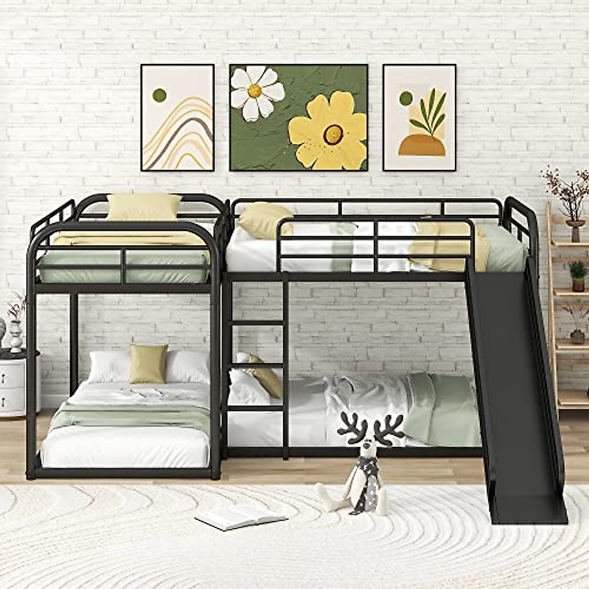 Goohome Full and Twin Size L-Shaped Bunk Bed with Slide and Short Ladder, Metal Bunk Bed Bedroom Furniture w/Safety Guardrail, Accommodate 4 People, for Kids, Teens, Adults, No Box Spring Needed