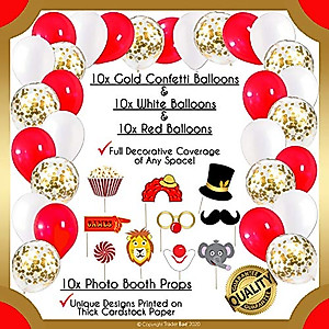 Carnival Circus Party Decorations Supplies Kit | "Welcome To The Carnival" Banner | Carnival Circus Photo Props | Red & White Striped Pennant Banner Flags | 10 White 10 Red & 10 Gold Confetti Balloons