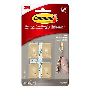Command Small Metallic Hooks Brass Color, 4 Hooks and 5 Command Strips, Damage Free Wall Hooks with Adhesive Strips, Adhesive Hooks for Hanging Christmas Decorations, Holds up to 0.5 lb