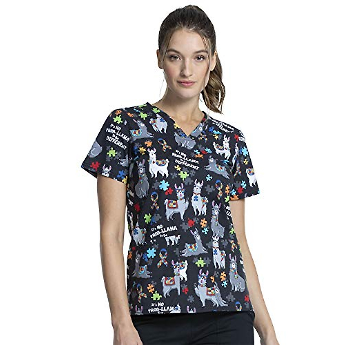 Cherokee Prints Women Scrubs Top V-Neck Print CK651, S, Llama Love