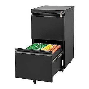 LVSTEEL 2 Drawer Mobile File Cabinet with Lock, Under Desk Metal Filing Cabinet for Home Office fits Legal/Letter/A4 File, Fully Assembled Except Wheels, Black