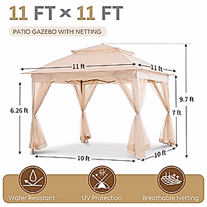 Harmon Wandyer 11'x11' Pop Up Gazebo with Mosquito Nettings, Outdoor Canopy Shelter for Garden Lawn Backyard, Patio Cover Outdoor Gazebo Pergola Grill Party Gazebo