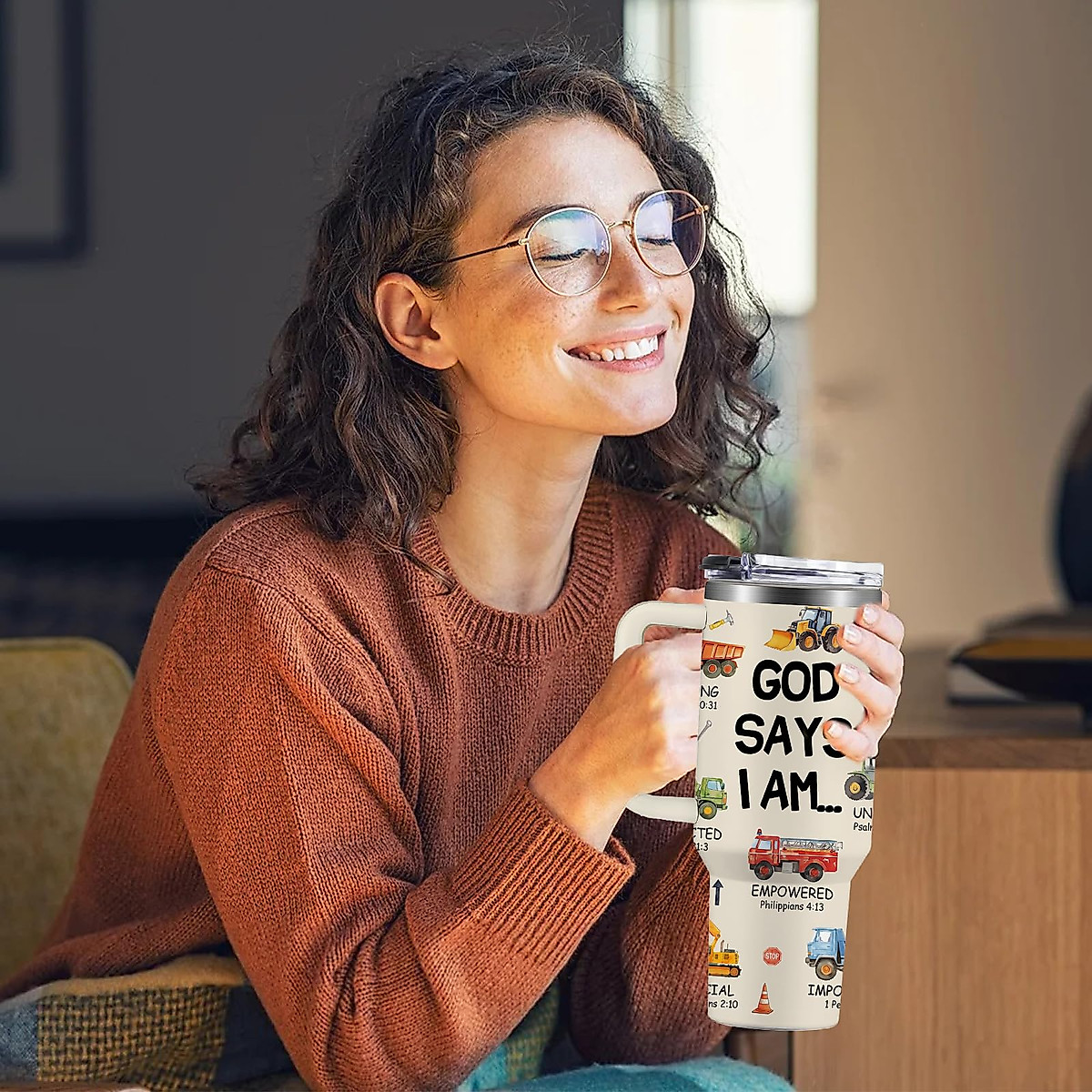 Christian Truck Gifts, 40 Oz God Says I Am Construction Truck Tumbler With Handle, Christian Gifts for Boys, Inspirational Religious Birthday Gifts for Truck Lover Bible Verse Cup, Construction gifts