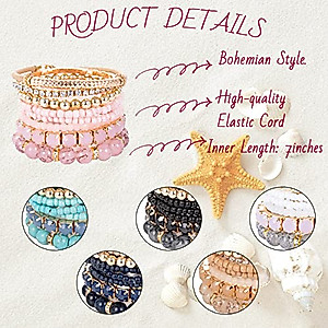 WAINIS 6 Sets Bohemian Stackable Bead Bracelets for Women Multicolor Stretch Beaded Bracelets Layered Bead Adjustable Bracelet Turquoise Stretch Bracelets A
