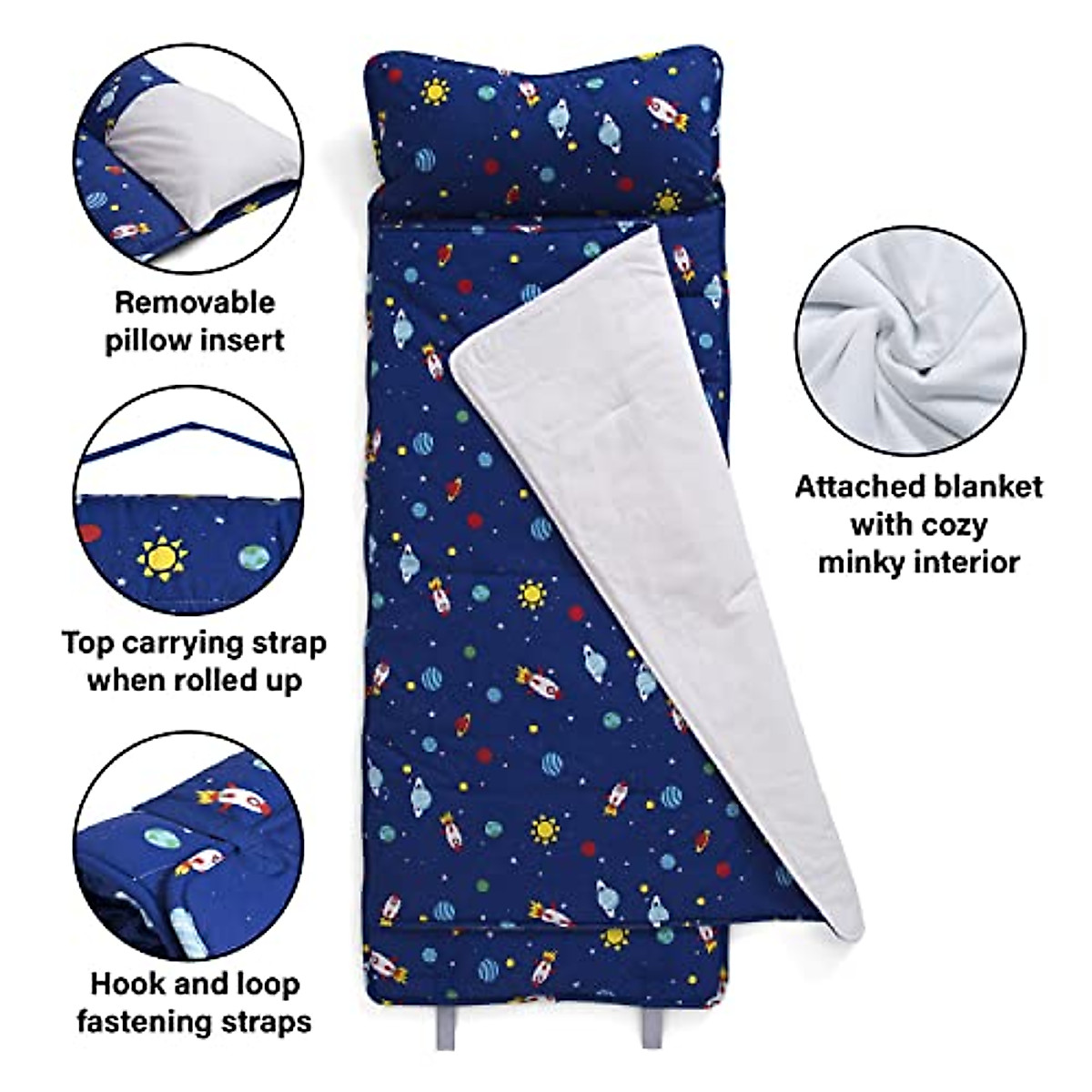 Delta Children Nap Mat with Included Pillow and Blanket for Toddlers and Kids; Features Carry Handle with Strap Closure and Name Tag; Rollup Design is Ideal for Preschool and Daycare, Space