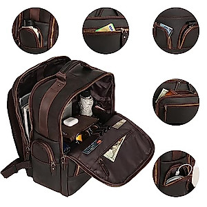 ZHYOL Mens Full Grain Genuine Leather 17.3" Laptop Backpack with USB Charging Port Multi Pockets Business Weekender Hiking Shoulder Daypacks Travel Laptop Bag for Men