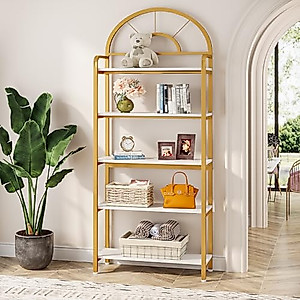 Tribesigns White and Gold Arched Bookshelf 5 Tier Bookcase, Gold Shelves for Living Room Freestanding Tall Display Shelf, Decorative Shelf for Bedroom