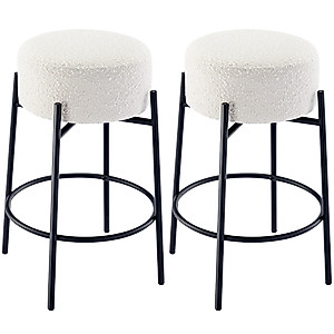 Flouki Swivel Bar Stools Counter Height, Modern Backless Stools for Kitchen Counter, Boucle Fabric Island Chairs with 6.7'' Thick Cushion and Metal Base, 26 inches H, Set of 2, White