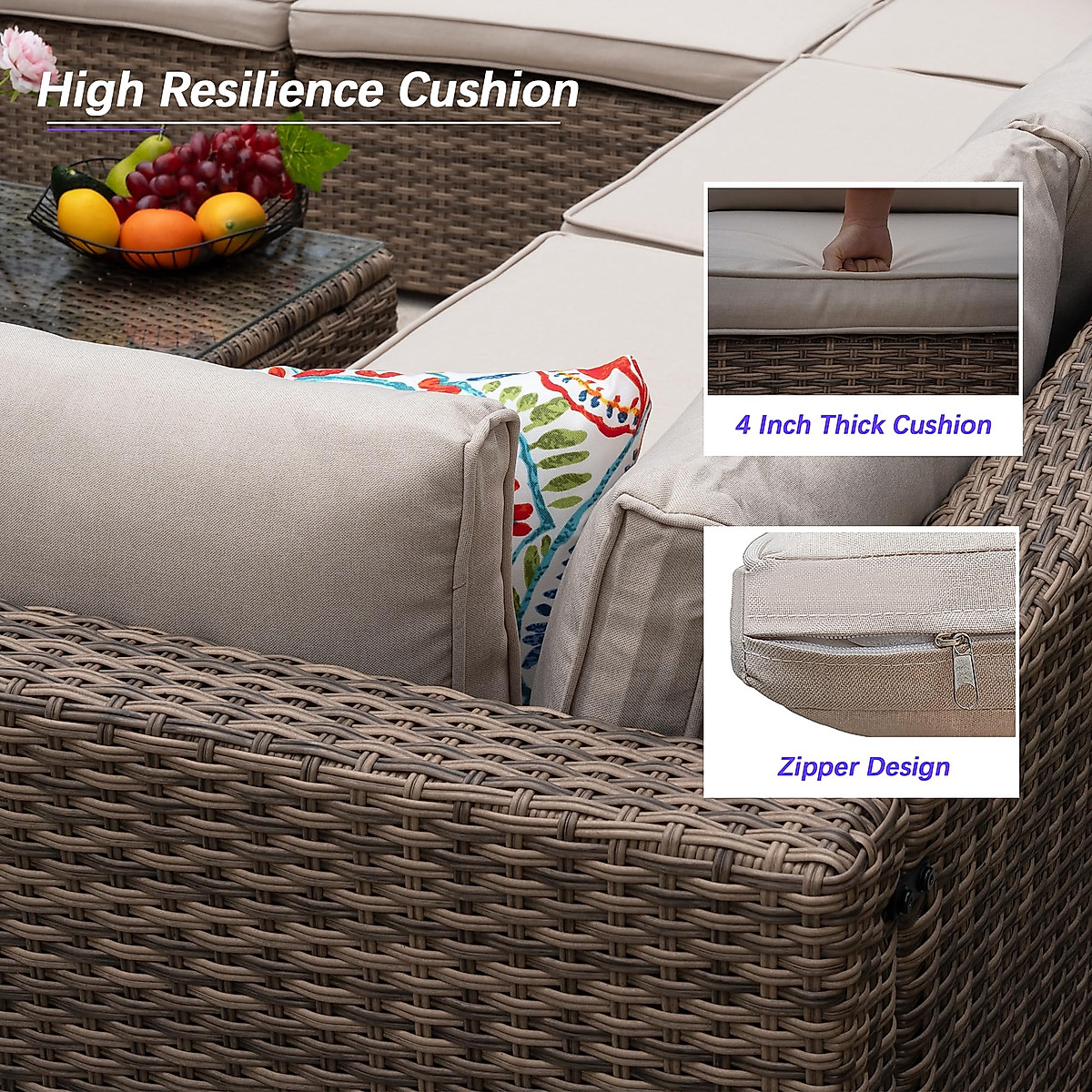 Naga Bahna Patio Furniture Set 7 Pieces Outdoor Sectional Conversation Set, Outdoor PE Wicker Rattan Sofa Set Patio Couches w Anti-Slip Beige Cushions, 2 Pillows for Patio(Brown)