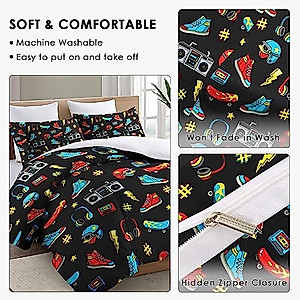 Duvet Cover Queen Size, 80S Cool Cute Retro Bedding Set with Zipper Closure for Kids and Adults, Red Neon Colorful Comforter Cover with 2 Pillow Shams for Bedroom Bed Decor