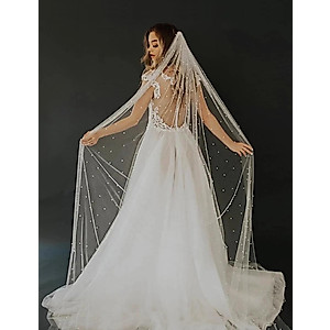 Elawbty 1 Tier Pearl Cathedral Length Wedding Bridal Veil With Metal Comb White F55