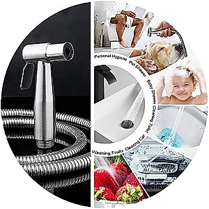 Handheld Bidet Sprayer Set for Toilet, Stainless Steel Hand Jet Sprayer with Anti-Leaking Hose & T-Adapter, Support Wall or Toilet Mount for Cloth Diaper Cleaning/Baby or Pets Shower