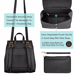 SUNLIGHT LEAVES Simple Vegan Leather Flap 3 Way Convertible Backpack For Women Classic Vintage Faux Leather Fashion Daypack (Black)