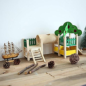 Hamster Houses and Hideouts, Rat Playground Activity Platform Villa with Tube Tunnel Climbing Ladder Natural Wooden Toys Fences and Roofs for Dwarf Mouse, Gerbil,Sugar Glider or Other Small Animals
