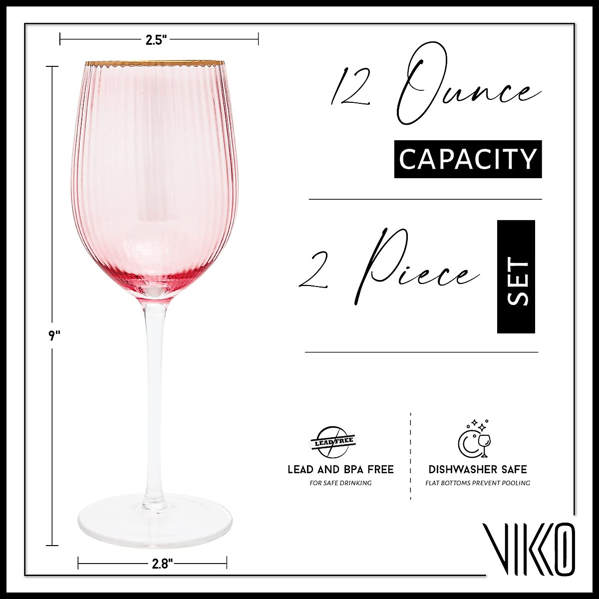 Vikko Décor Wine Glasses, Set of 2 Peach Blown Glass with Gold Rim, 11 Ounce Fancy Wine Glasses With Stem for Red and White Wine, Dishwasher Safe Goblets, Decorative Wine Glasses