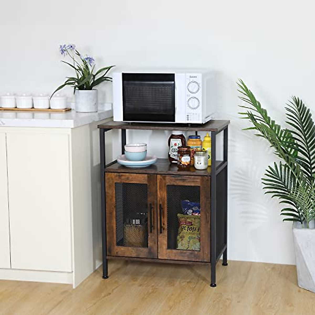 X-cosrack Wine Bar Rack Cabinet with Detachable Wine Rack, Coffee Bar Cabinet with Glass Holder, Small Sideboard and Buffet Cabinet with Mesh Door, Rustic Brown(Patent Pending)