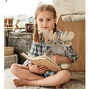 DolliBu Brown Sitting Moose Plush - Super Soft Moose Stuffed Animal, Wildlife Stuffed Moose Plush Toy, Cute Stuffed Animal for Boys and Girls, Plush Moose Gift for Baby, Kids, and Adults - 11 Inches