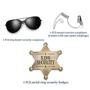 Huwane Ring Security Wedding Ring Bearer Gifts Secret Service Cosplay Set Police Spy FBI Toys Accessory, Include Acoustic Earpiece Tube Headsets, Ring Bearer Sunglasses, Ring Security Badges (1)