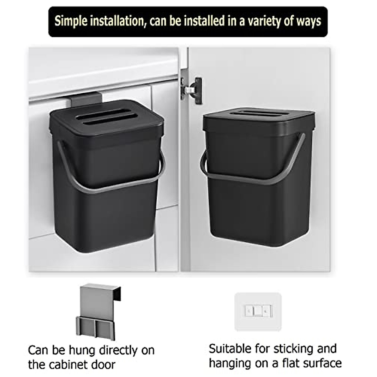 Small Trash Can with Lid Mini Kitchen Hanging Trash Can Tightly Sealed Odor Free, Small Countertop Compost Bin for Scraps from Daily Cooking, Mountable Trash Bin for Kitchen Counter, 5L/1.3 Black