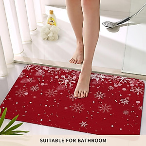 Christmas Bath Rugs White Snowflake Sponge Doormat Absorbent Non Slip Backing Durable Soft Flannel Mat Red Christmas Memory Foam Mats Carpet for Bathroom Kitchen, 18 x 30 inch
