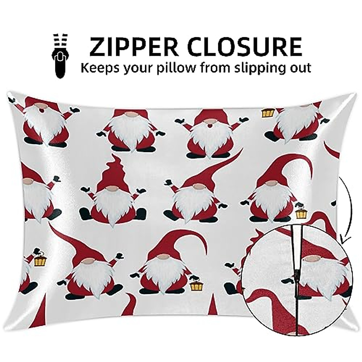 Cute Gnomes Satin Pillowcase for Hair and Skin, Christmas Dwarf Silk Pillowcase with Zipper, Soft Silky Pillow Cover Standard Size (20x26 Inches) Cooling Satin Pillow Cases