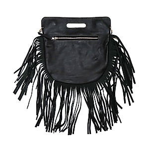 bonanza leathers women's cowhide handbag crossbody shoulder leather bag with fringes button closure H8 (Black)