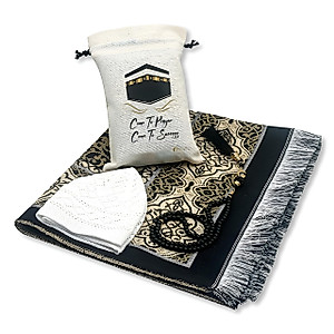 ESERRA Muslim Prayer Rug, 99 Prayer Beads and Prayer Cap Included, Prayer Mats Muslim for Praying Men, Women, and Kids, Prayer Set, Prayer Rugs Islam (Black)
