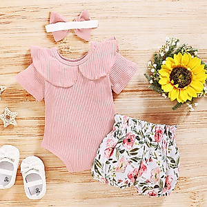 Dimoybabe Newborn Baby Girl Clothes Summer Infant Outfit Cute Ruffle Romper Short Set Solid Pink 3-6 Months 80cm