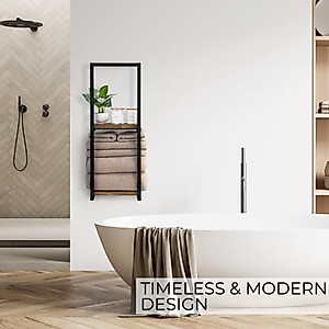 Stylish Bathroom Towel Storage Rack with Wooden Shelves – Modern & Space Saving Organizer for Wall Mount That Easily Holds 8 Large Towels - The Perfect Towel Holder to Enhance Your Bathroom Decor