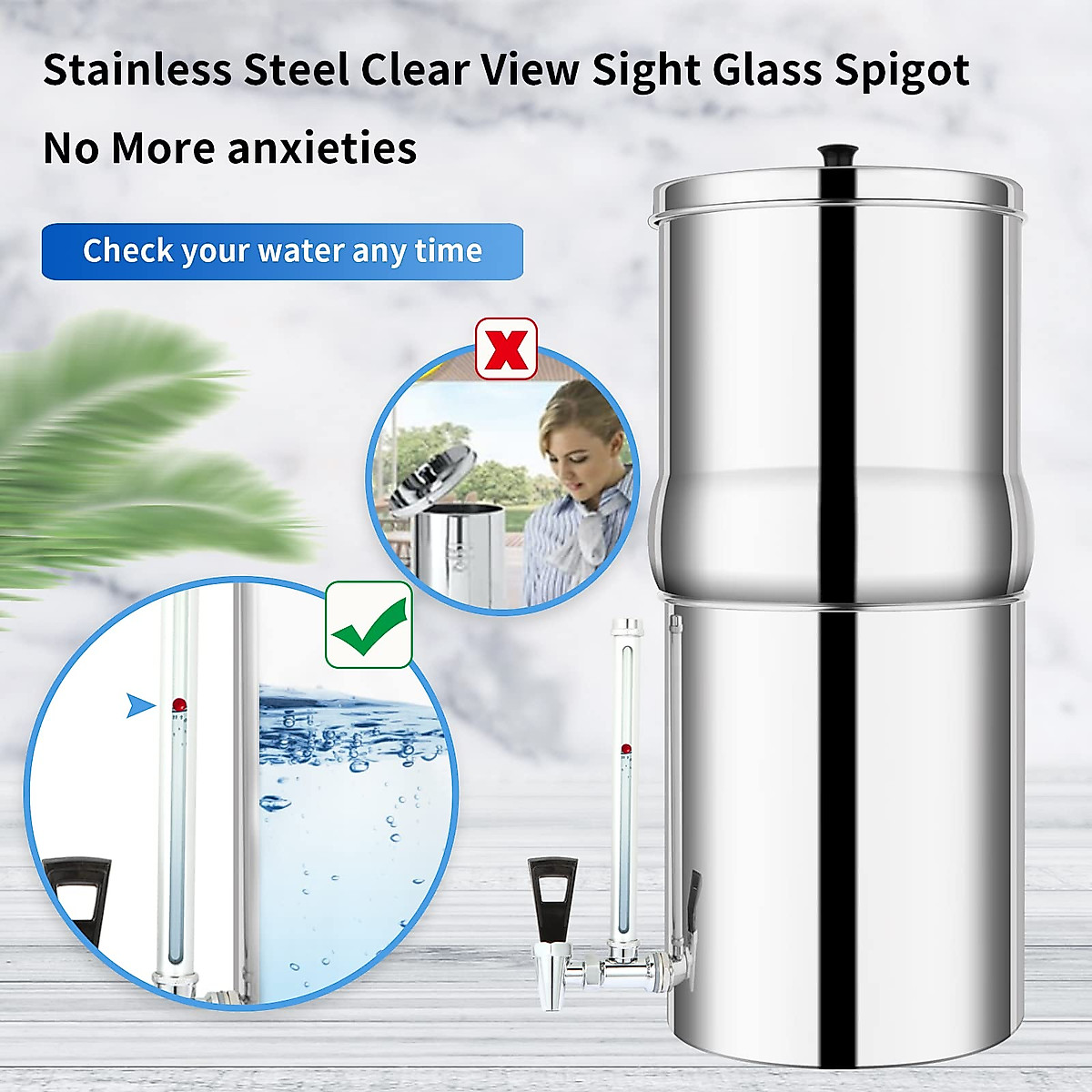 Stainless Steel Sight Glass Spigot with Clear View Water Level. 7''Sight Glass Compatible with Travel Berkey and Big Berkey System