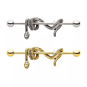 Pierced Owl 14GA 316L Stainless Steel CZ Crystal Dangling Snake Industrial Barbell (Gold Tone)
