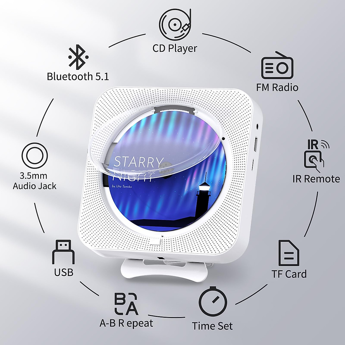 ZYOKATA CD Player Portable with Bluetooth 5.1 Desktop Music CD Player with Remote Control, Dust Cover, Boombox, FM Radio, LED Screen, Support AUX/USB Headphone Jack for Home