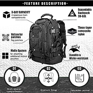 WolfWarriorX Tactical Backpack for men Military Army Expandable 3 Day Pack for Camping Hiking