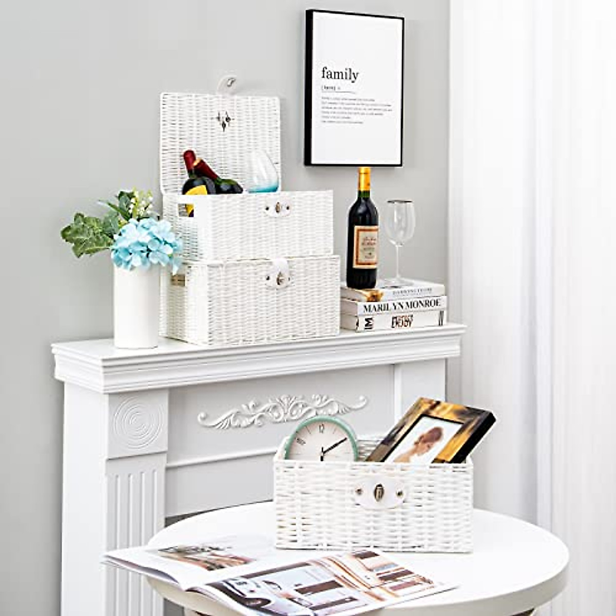 Homepeaz Set of 3 Woven Wicker Storage Basket Box with Lid & Lock, Built-in Carry Handles, Multifunctional Storage Organiser for Nursery, Baby, Clothes, Toys, Books, Large/Medium/Small Size (White)