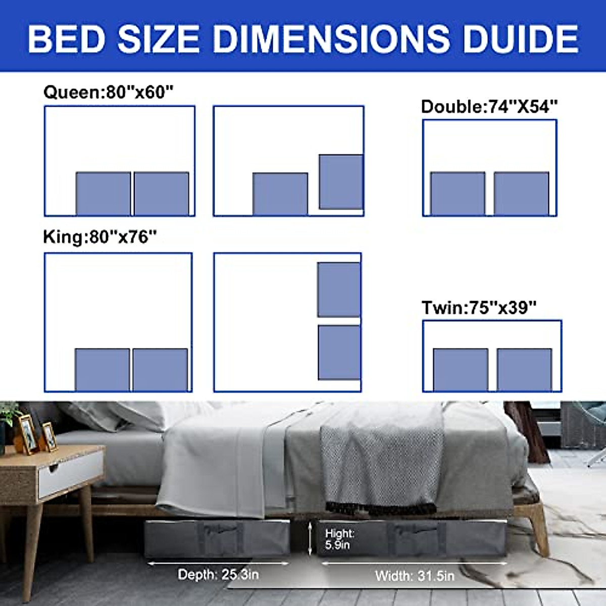 Surblue Under Bed Shoe Storage Organizer Underbed Shoes Closet Storage Solution 2 Metal zippers and 3 Handles with Clear Cover for Men's and Women's Shoes Fits 24 Pairs of Shoes， Set of 2, Grey
