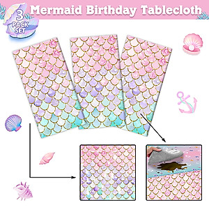 JQSSHXB Mermaid Birthday Tablecloth 3 Pack Mermaid Table Cloths Disposable Plastic Mermaid Birthday Decorations for Party Kids Girls Baby Shower Themed Mermaid Birthday Party Favors (Fish Scale)